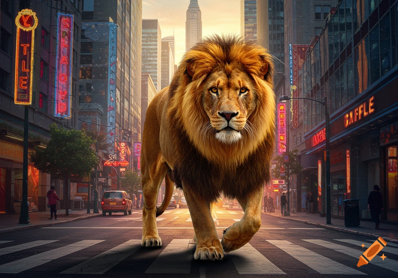 Photorealistic image of a lion walking on a crosswalk in a city street ...