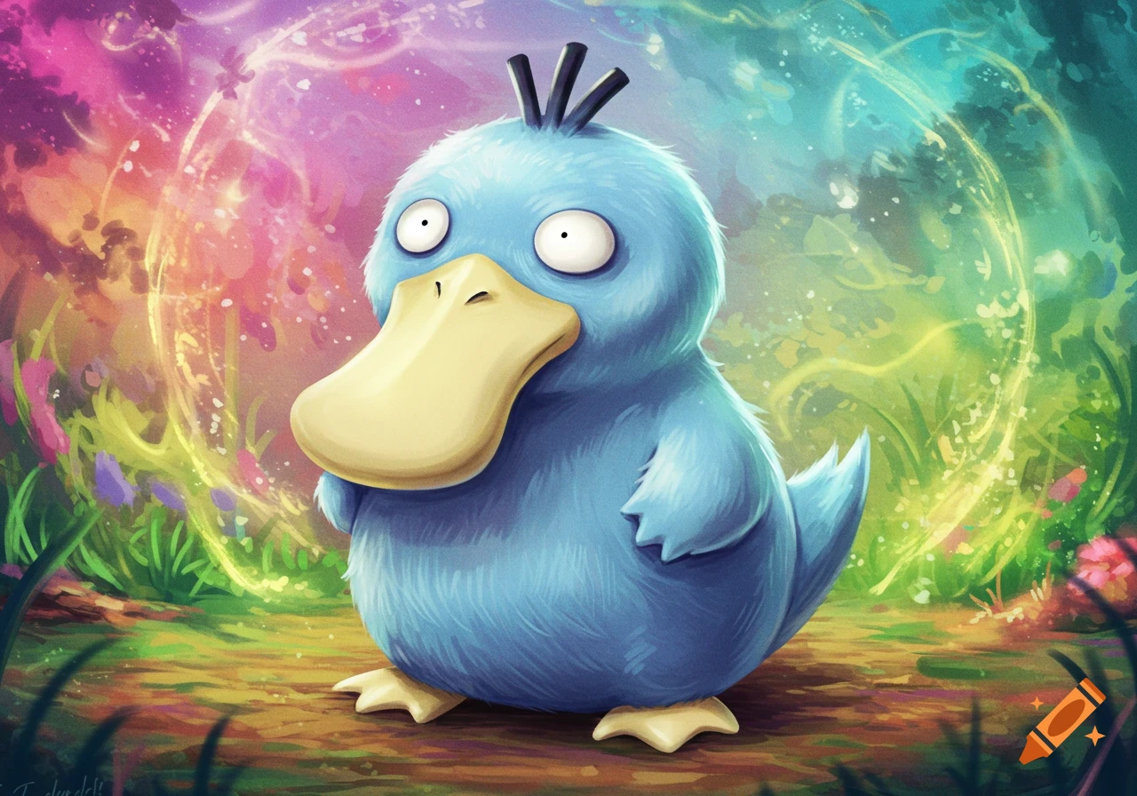 Shiny blue Psyduck standing in a vibrant fantasy forest with glowing ...