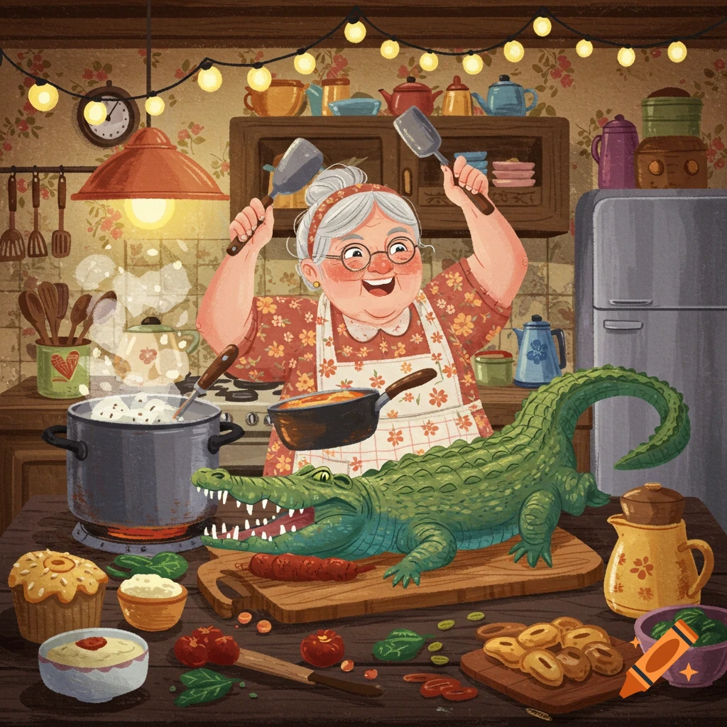 Cartoon illustration of a happy grandma cooking a crocodile in a busy ...