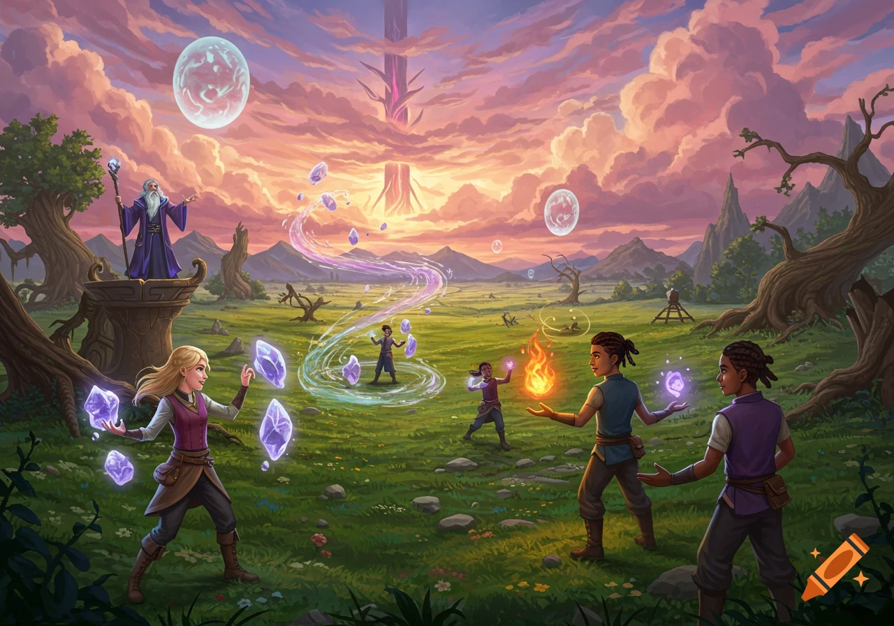 A group of young people practice magic with a wizard in a field at ...