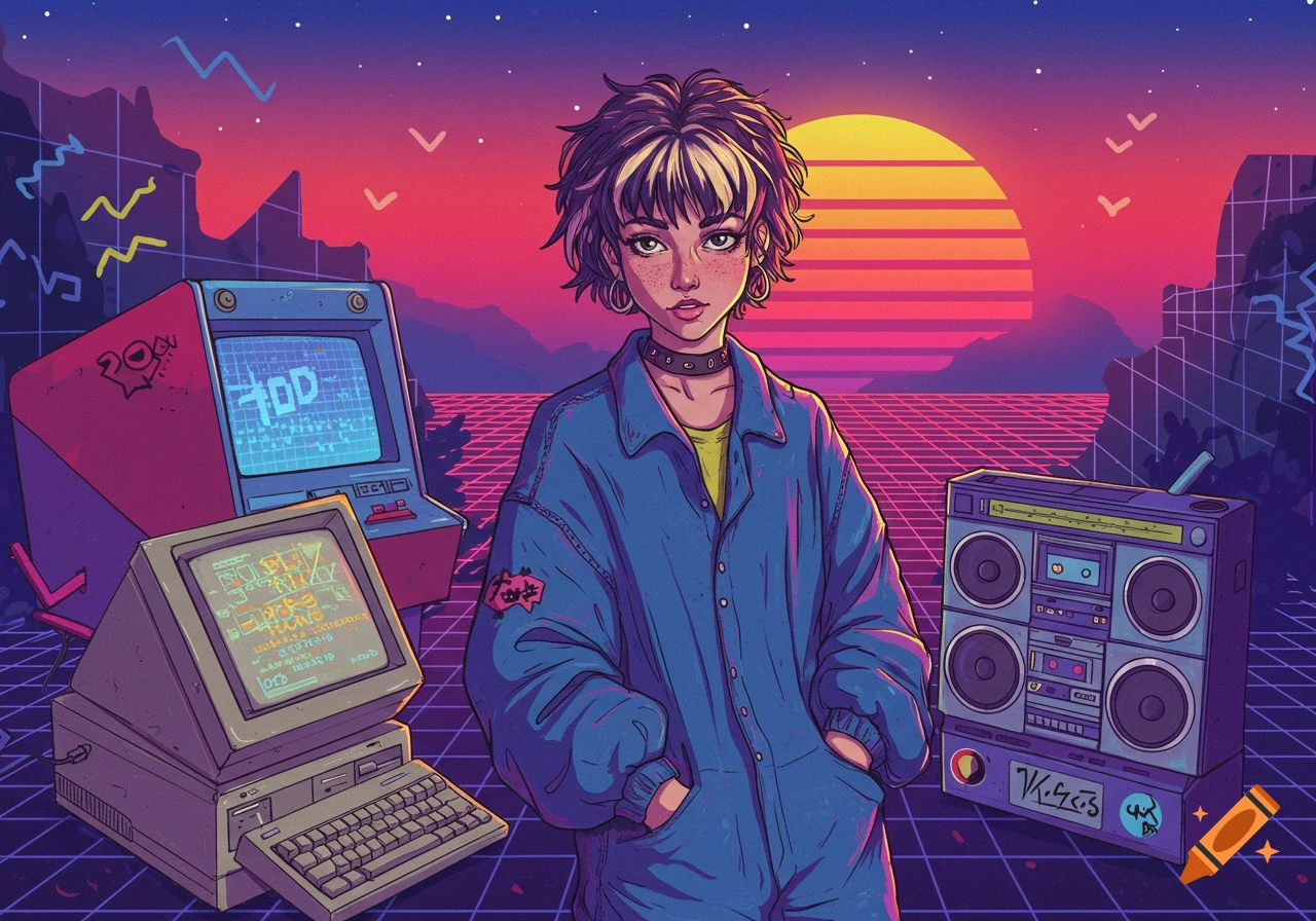 Illustration of a person in a retro synthwave scene with an arcade ...