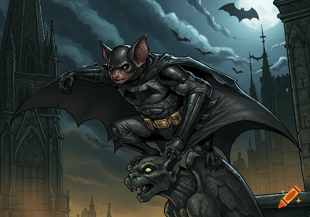 Illustration of a bat creature in a Batman suit perched on a gargoyle ...