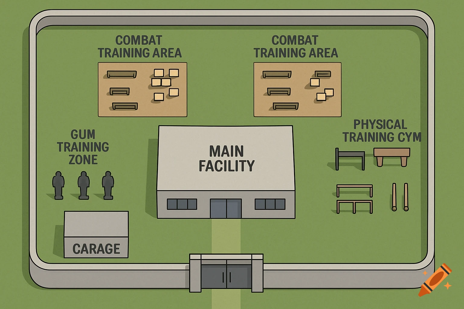 Illustration of a military training camp layout. on Craiyon