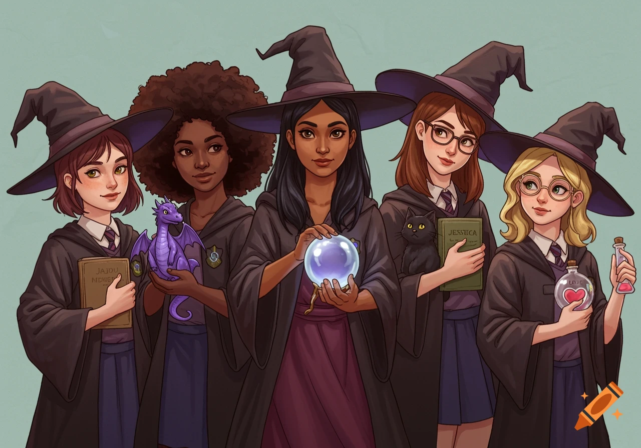 Five diverse cartoon teenage witches wearing robes and hats, holding ...