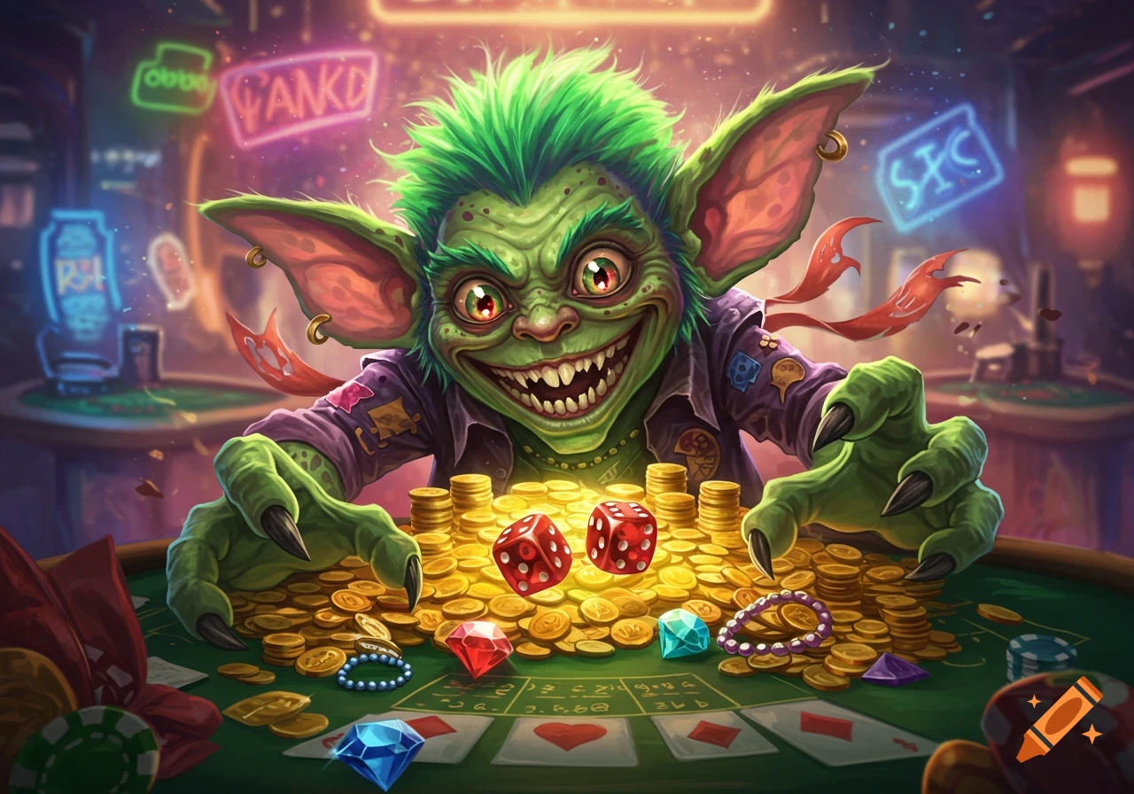 A green gremlin with sharp claws grins over gold coins, dice, and cards ...