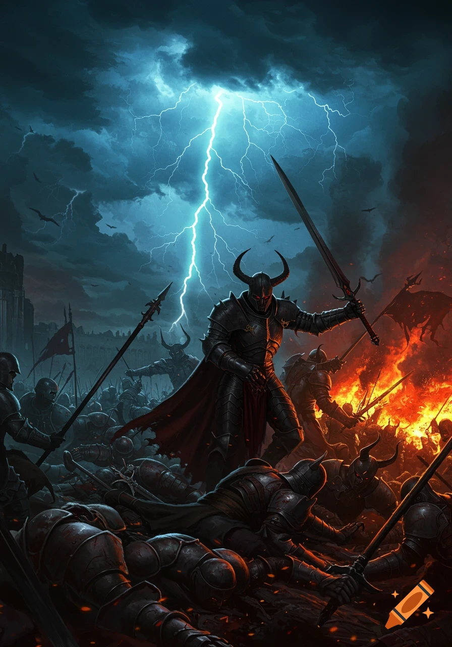 Dark fantasy illustration of a horned warrior leading a fiery battle ...