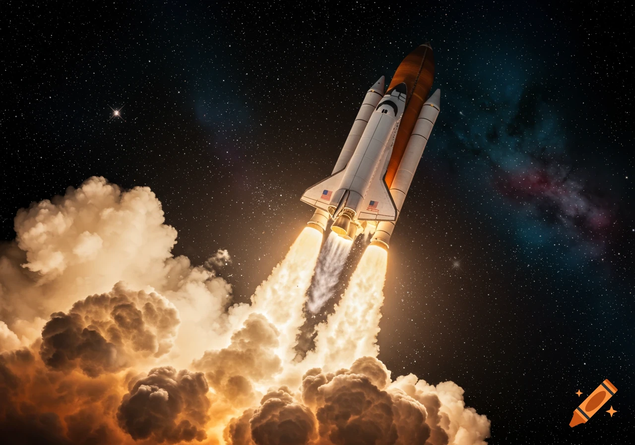 A space shuttle launches into the sky, leaving a large trail of fire and smoke behind it. on Craiyon