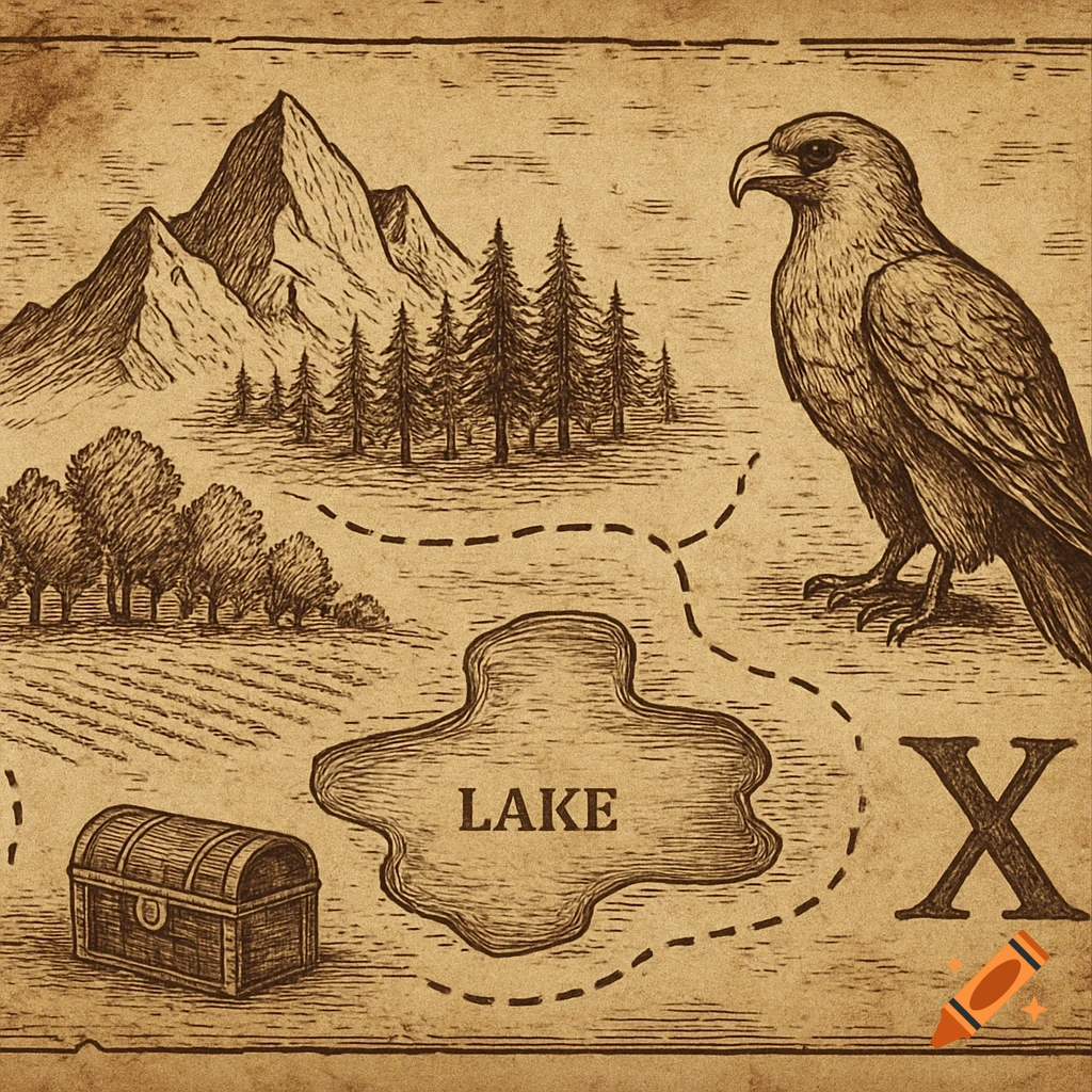 An old-style drawing of a treasure map showing mountains, forest, a ...