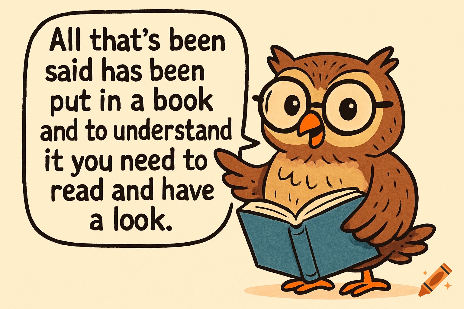 Cartoon owl in glasses reading a book and speaking. on Craiyon