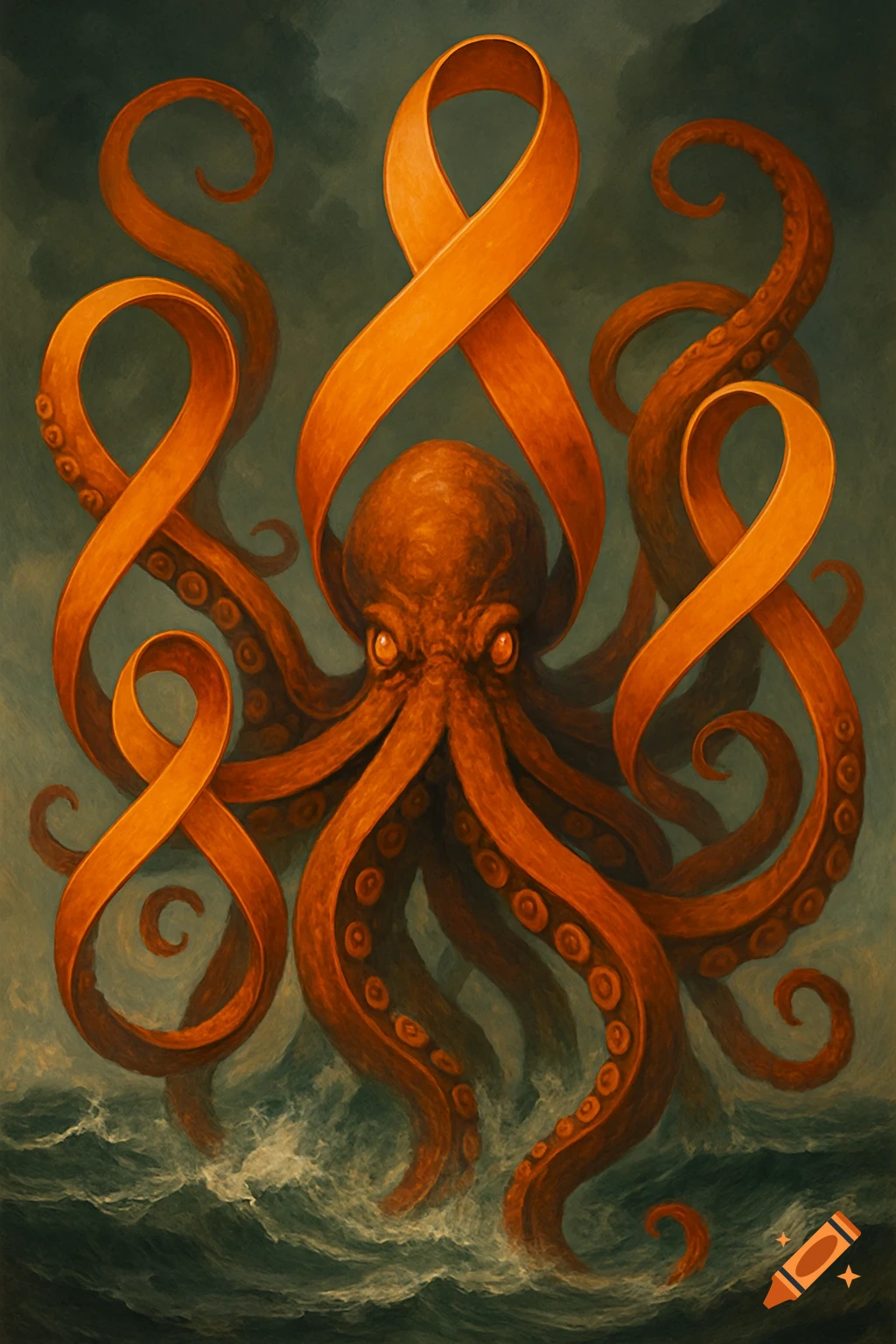 Painting of an orange kraken with tentacles intertwined with orange ...