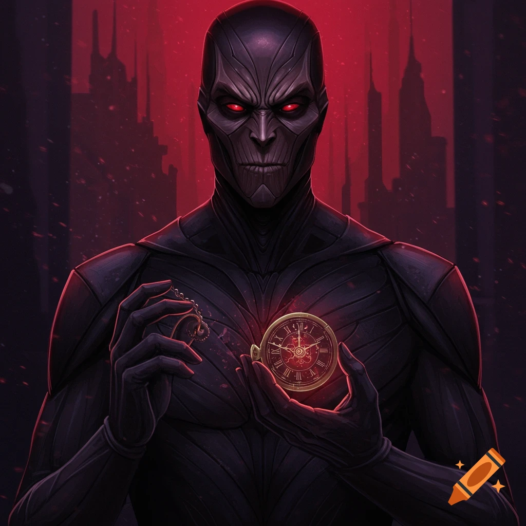 A dark, menacing figure with red eyes holds a glowing pocket watch ...