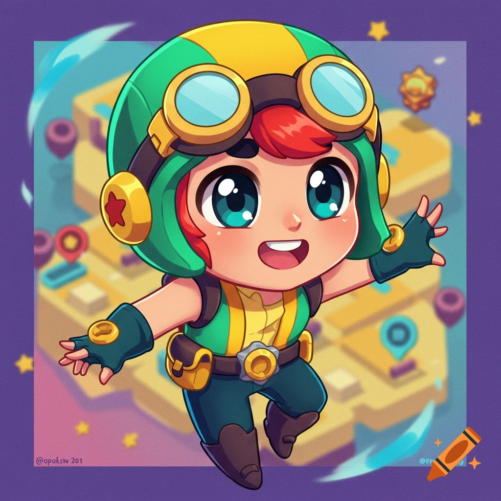 Chibi style character from Brawl Stars floating over a map. on Craiyon