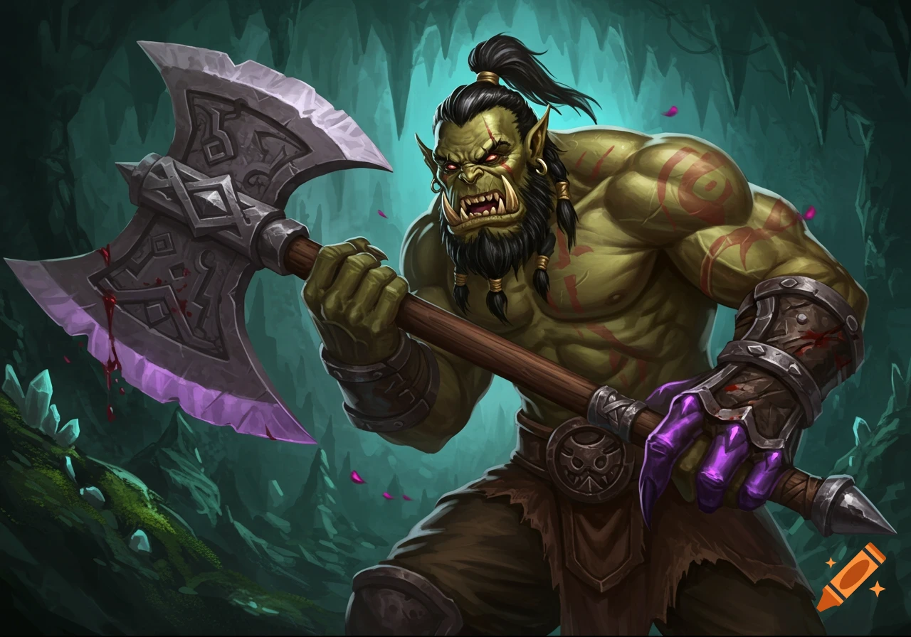 An orc fighter with a large axe and purple claws stands ready in a cave ...