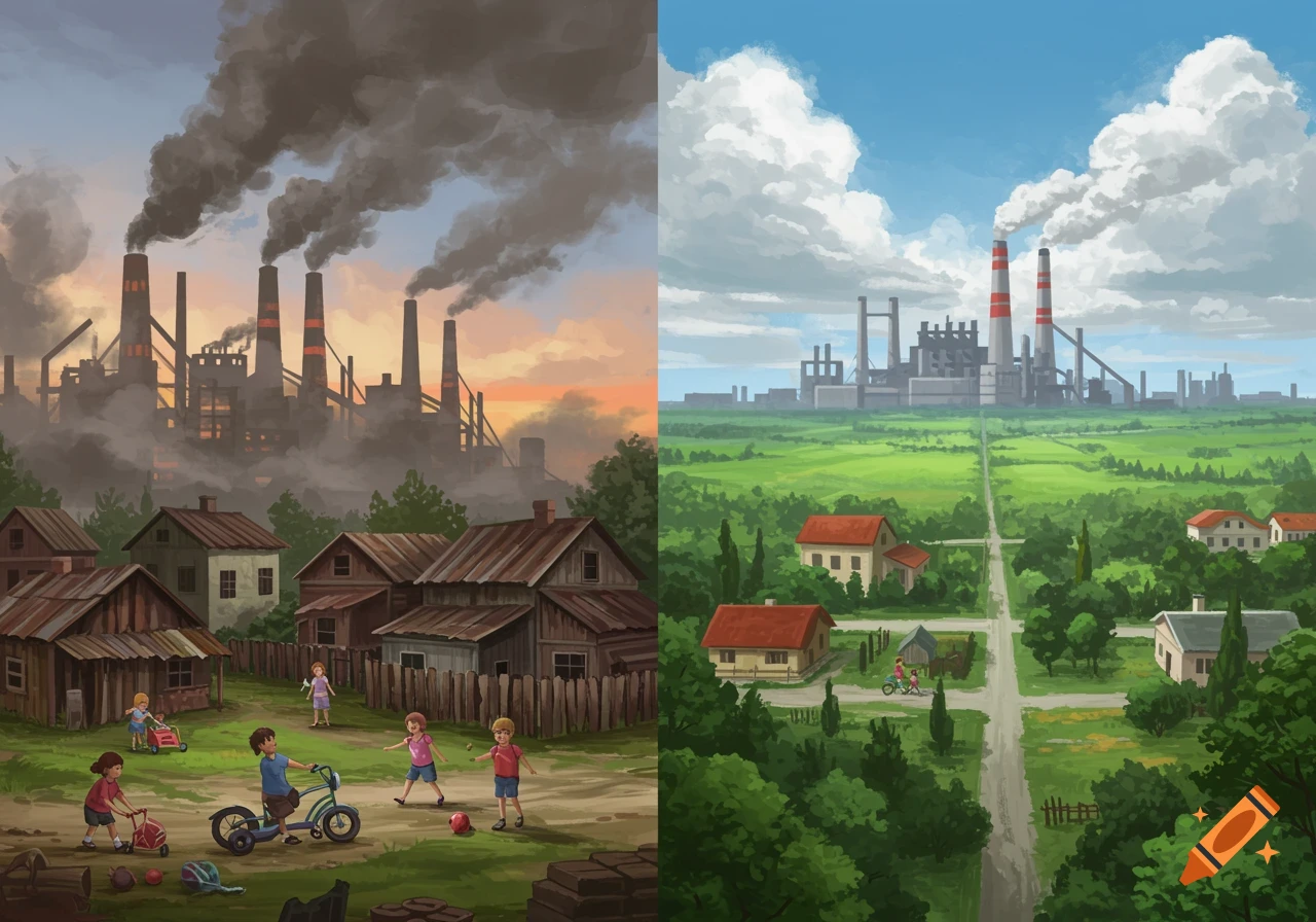 Split image showing polluted factory town with smoke vs. clean green ...