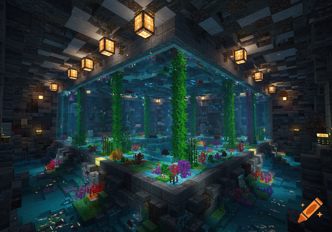 A large underground Minecraft aquarium filled with colorful coral, fish ...