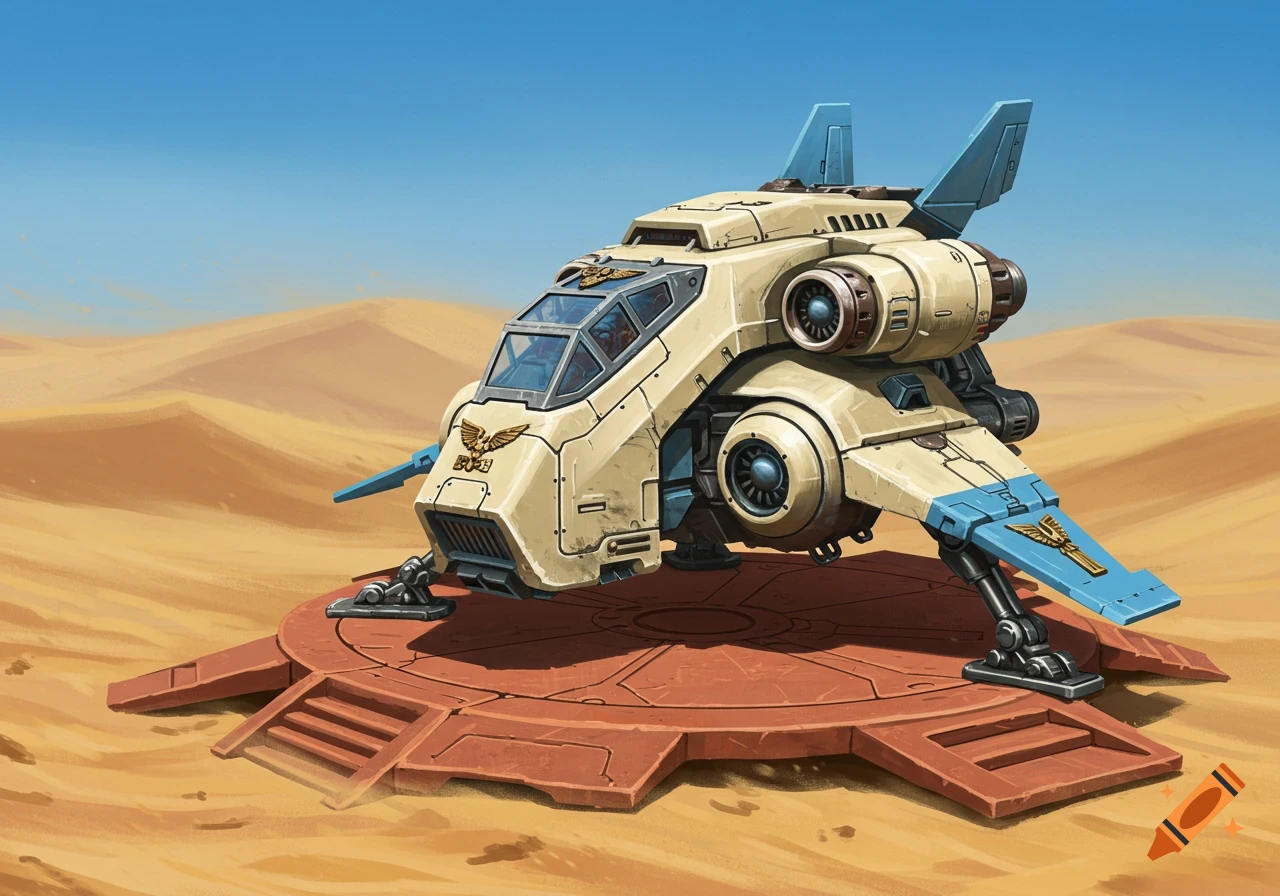An ivory and blue sci-fi spaceship miniature on a terracotta landing ...