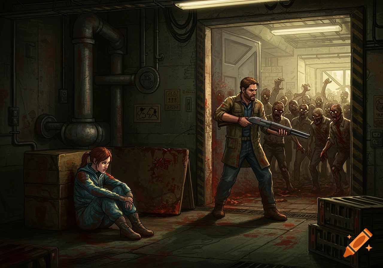Illustration of a man with a shotgun facing a horde of zombies in a ...