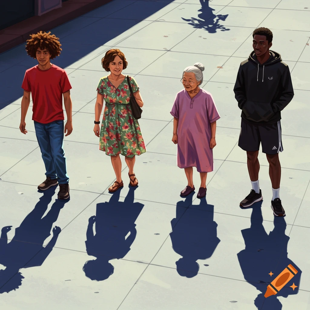 Illustration of four people walking on a sunlit pavement casting long ...