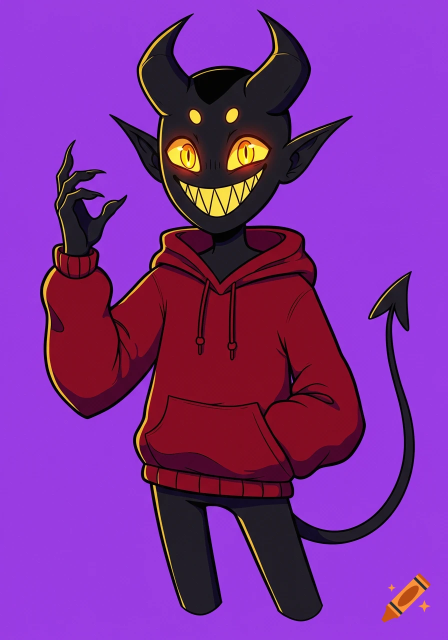 A cartoony demon with black skin, horns, sharp teeth, glowing yellow ...