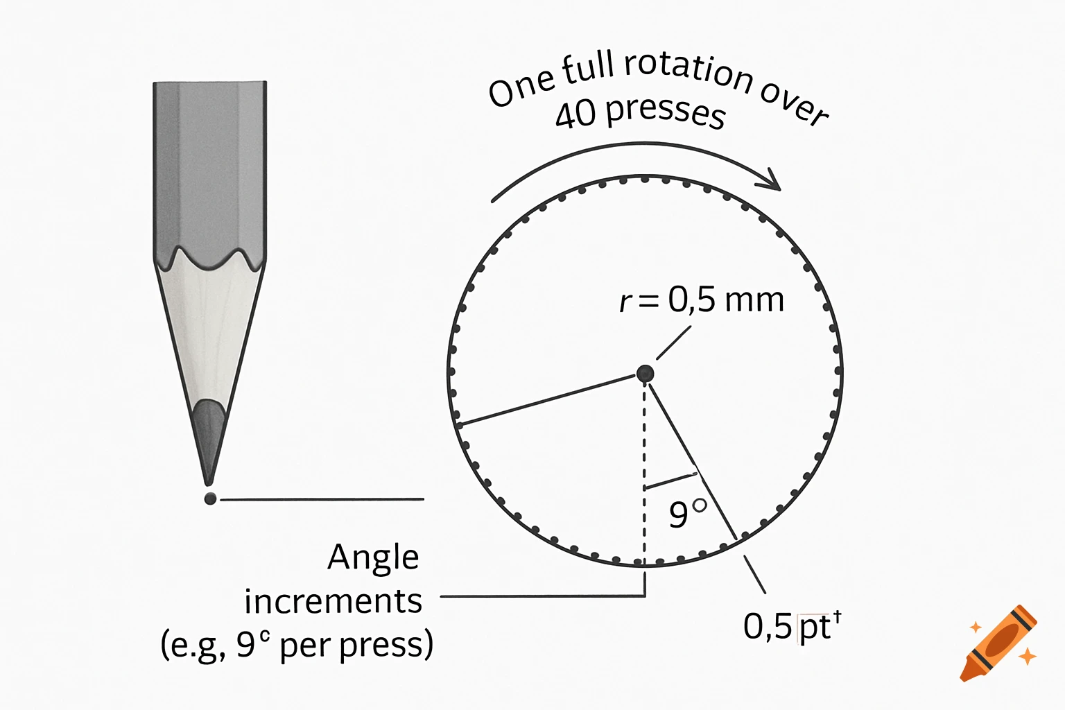Diagram showing a pencil tip and a circle illustrating rotation with ...