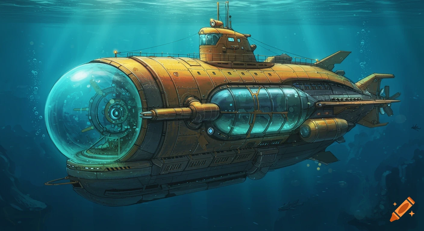 A detailed illustration of a steampunk submarine underwater with a ...
