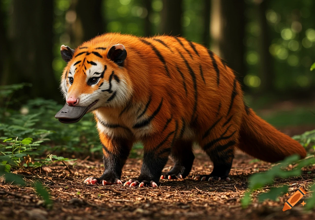 Photorealistic fantasy creature blending tiger, opossum, platypus, and ...