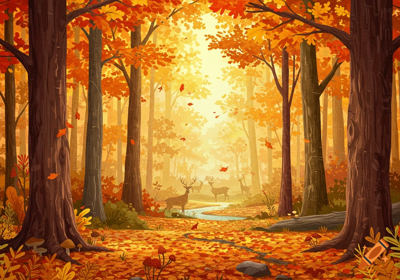 An illustrated autumn forest scene with colorful leaves, trees, a ...