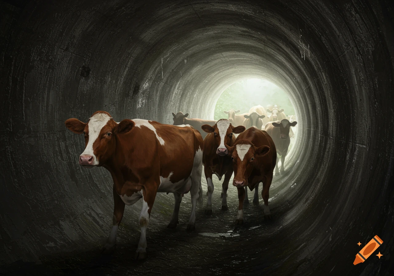 Photorealistic image of cows walking out of a dark tunnel towards a bright light. on Craiyon