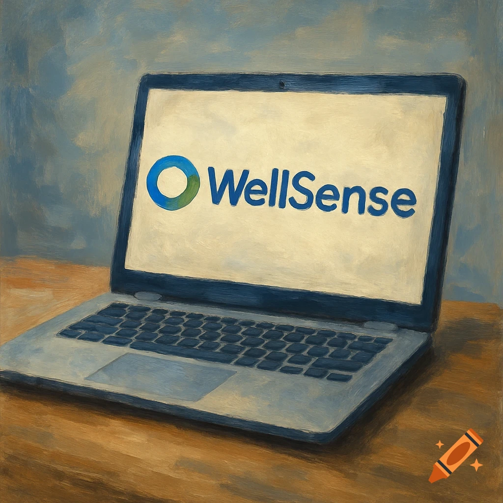Laptop screen displays the WellSense logo in a painterly style. on Craiyon