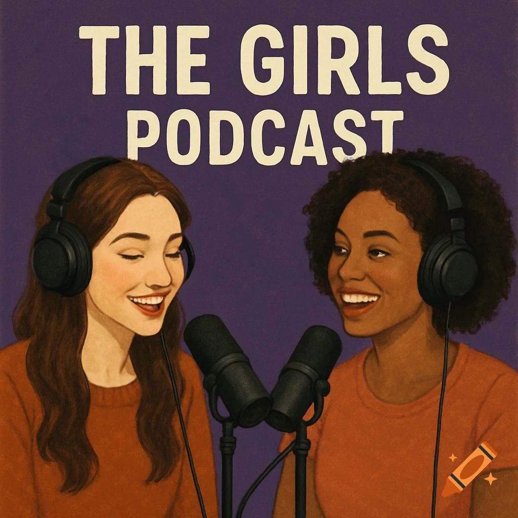 An illustration of two smiling women wearing headphones and speaking ...