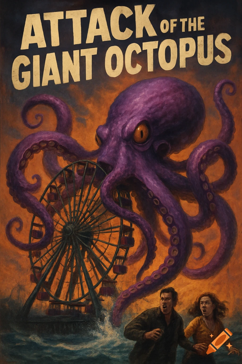 Vintage movie poster of a giant purple octopus attacking a ferris wheel ...