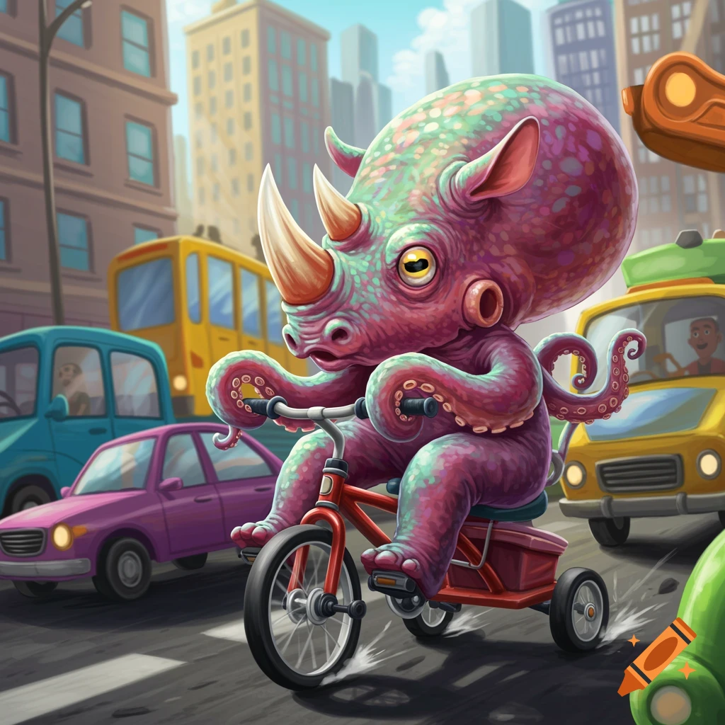 A cartoon rhino-octopus hybrid rides a red tricycle through city ...