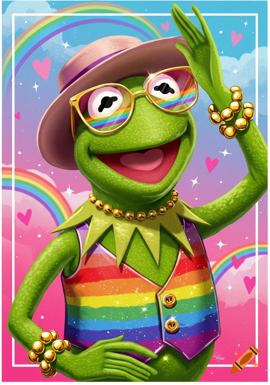 Cartoon Kermit the Frog wears rainbow vest, hat, sunglasses, and ...