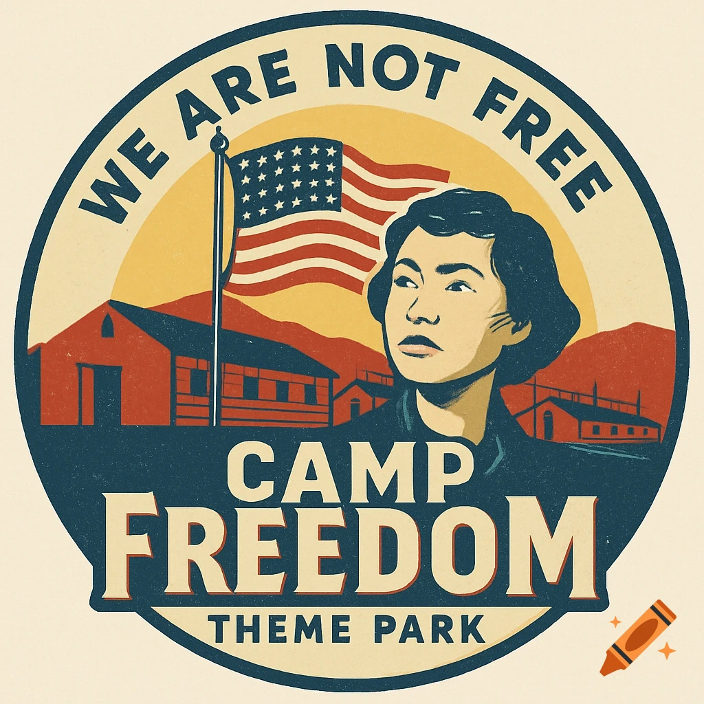 Vintage illustration logo with a portrait, barracks, US flag, mountains ...