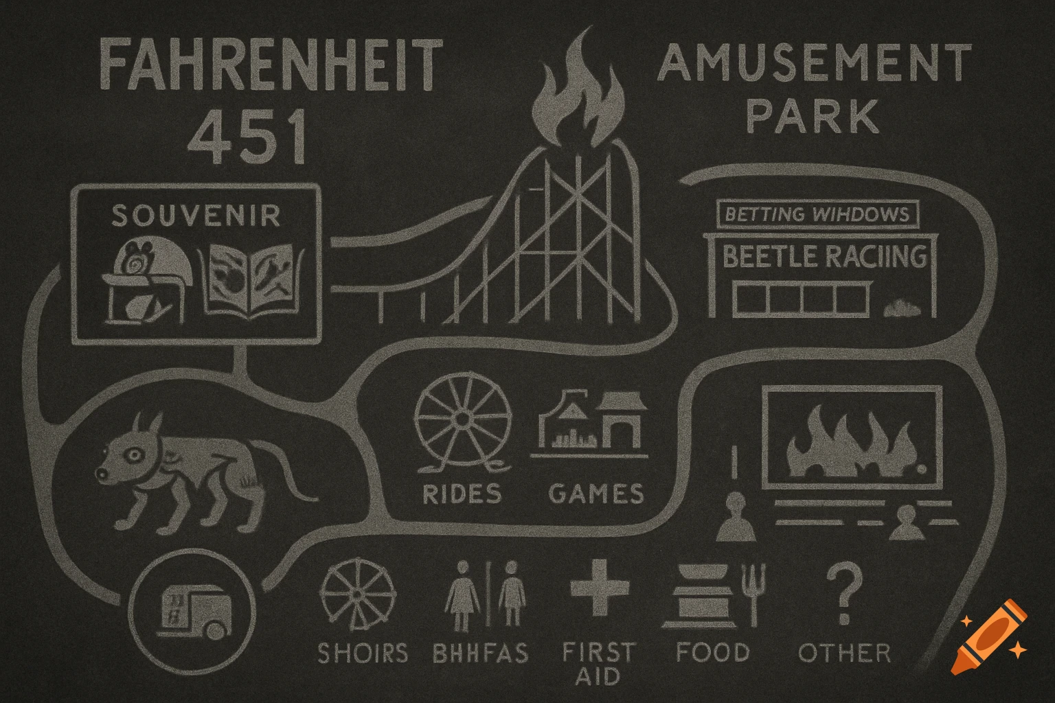 A dark, simple illustration of a map layout for a Fahrenheit 451 themed ...