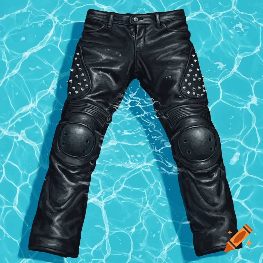 Biker leather pants float on the surface of a swimming pool. on Craiyon
