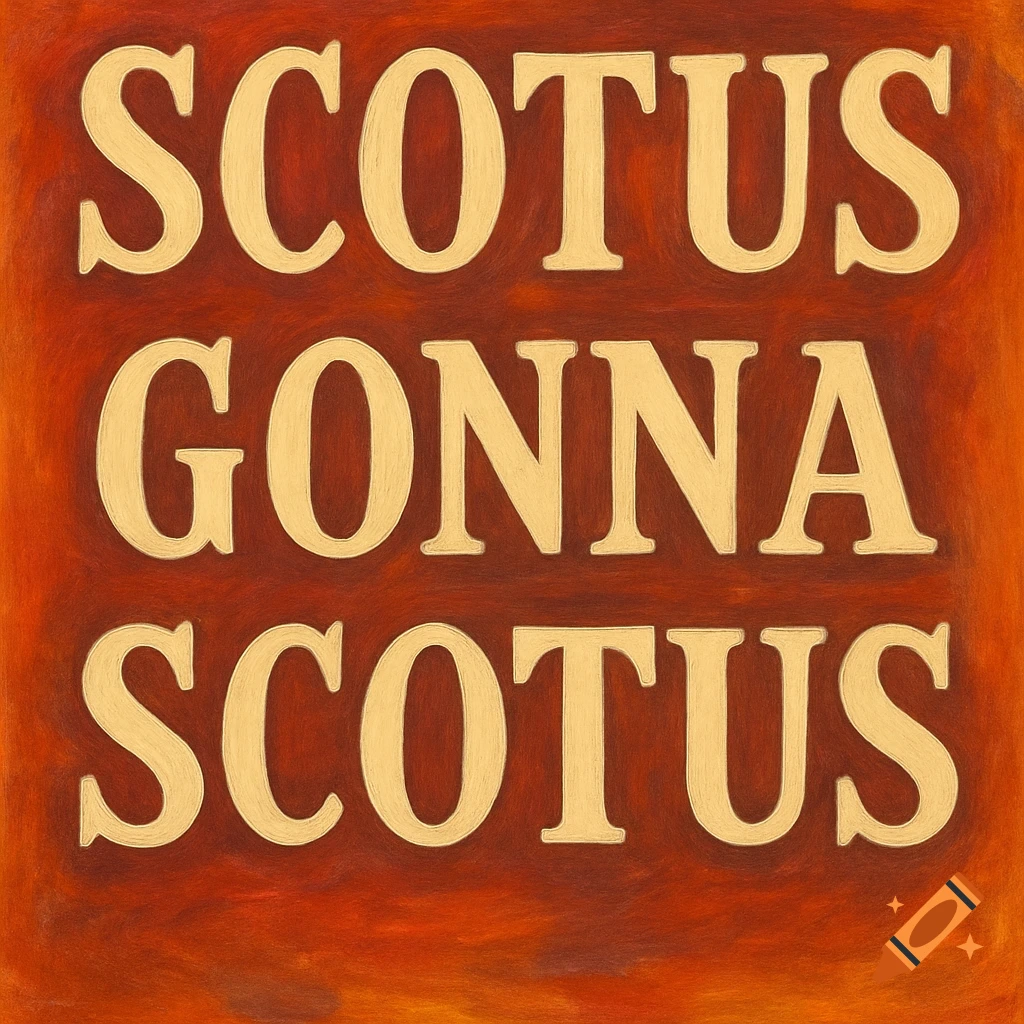 The text 'SCOTUS GONNA SCOTUS' on a red and orange textured background ...