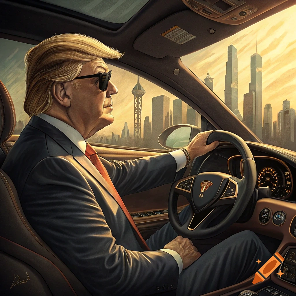 Donald Trump driving a luxury car through a city at sunset. on Craiyon