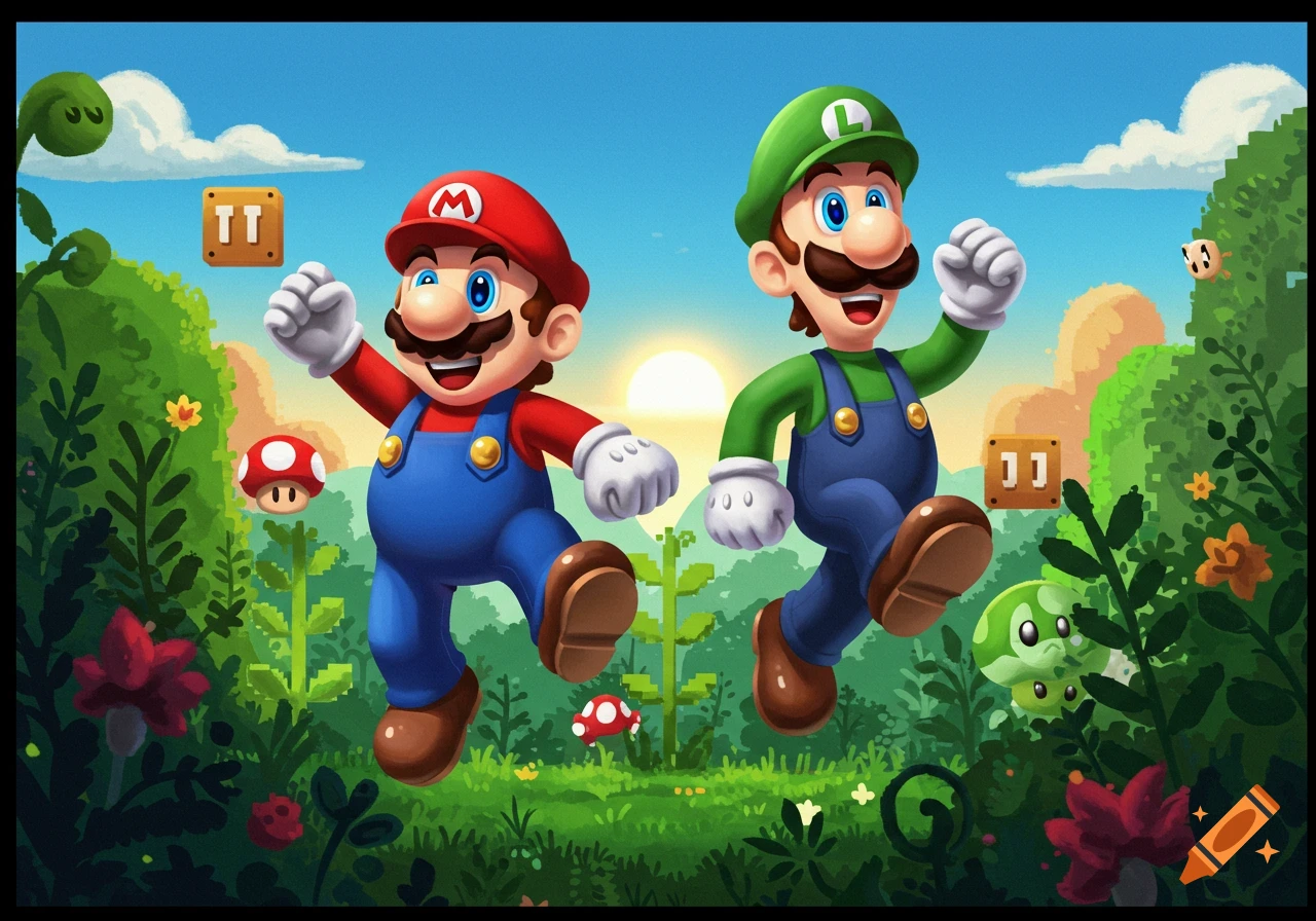 Mario and Luigi jump through a colorful video game level with mushrooms ...