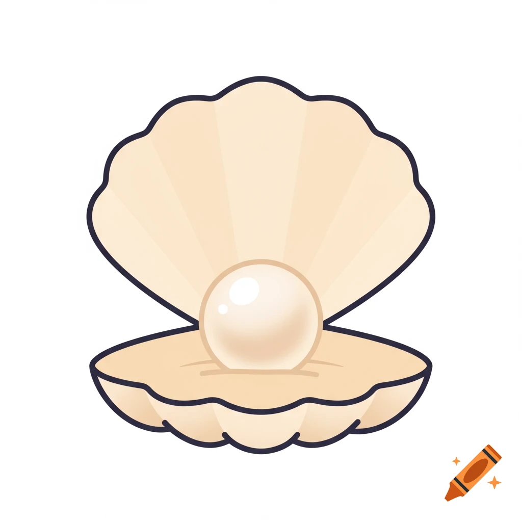 Cartoon icon of an open seashell with a pearl inside. on Craiyon