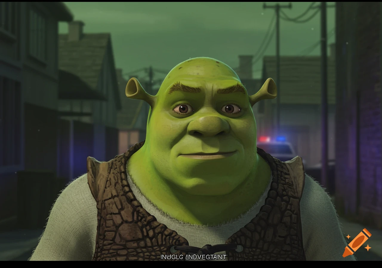 Animated Shrek stands facing forward in a street scene with a police ...
