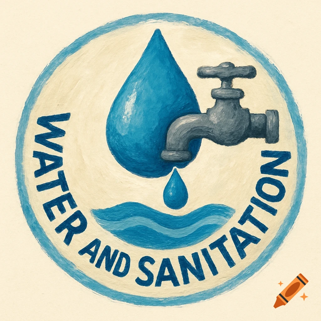 A blue water and sanitation logo illustration with a faucet, water drop ...