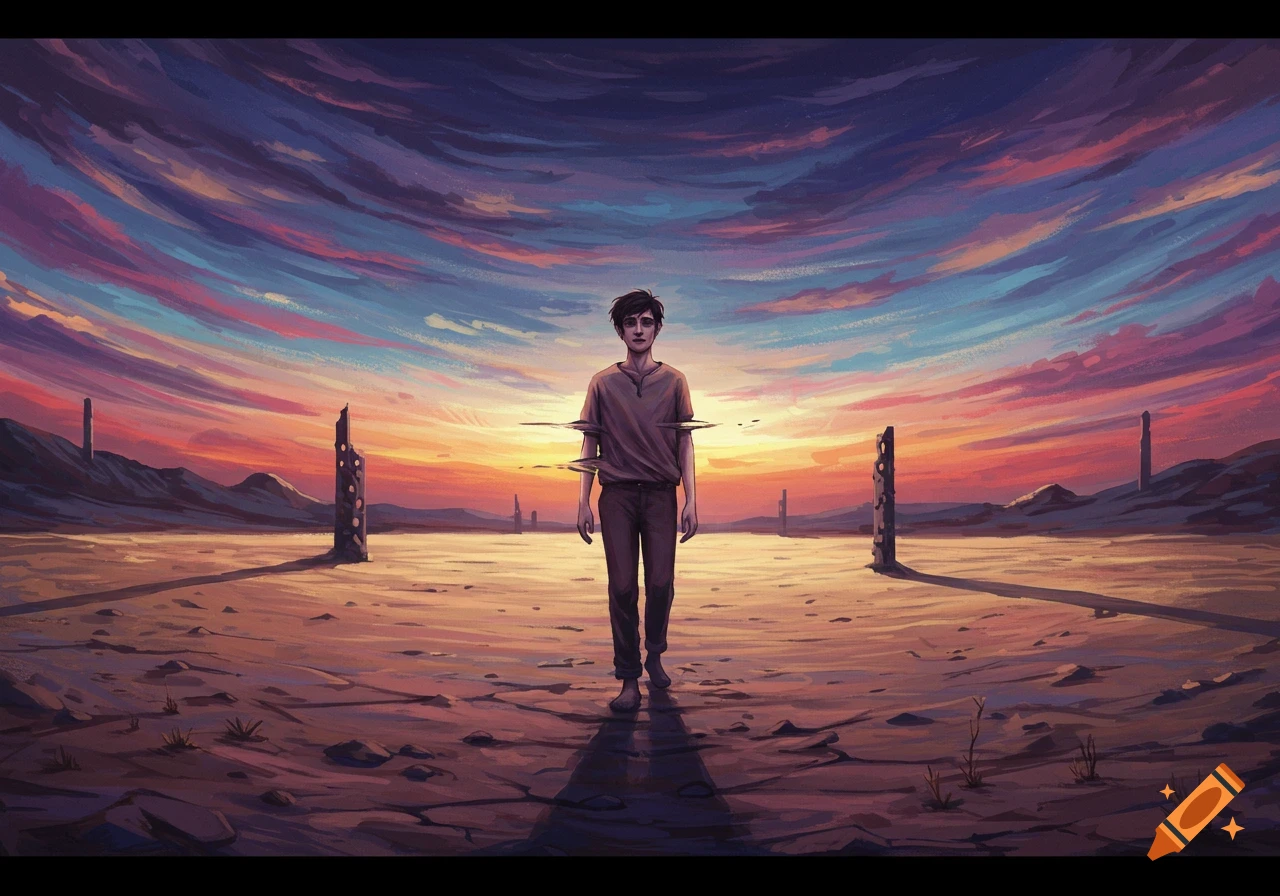 Artistic rendering of a person standing in a desolate landscape with ...
