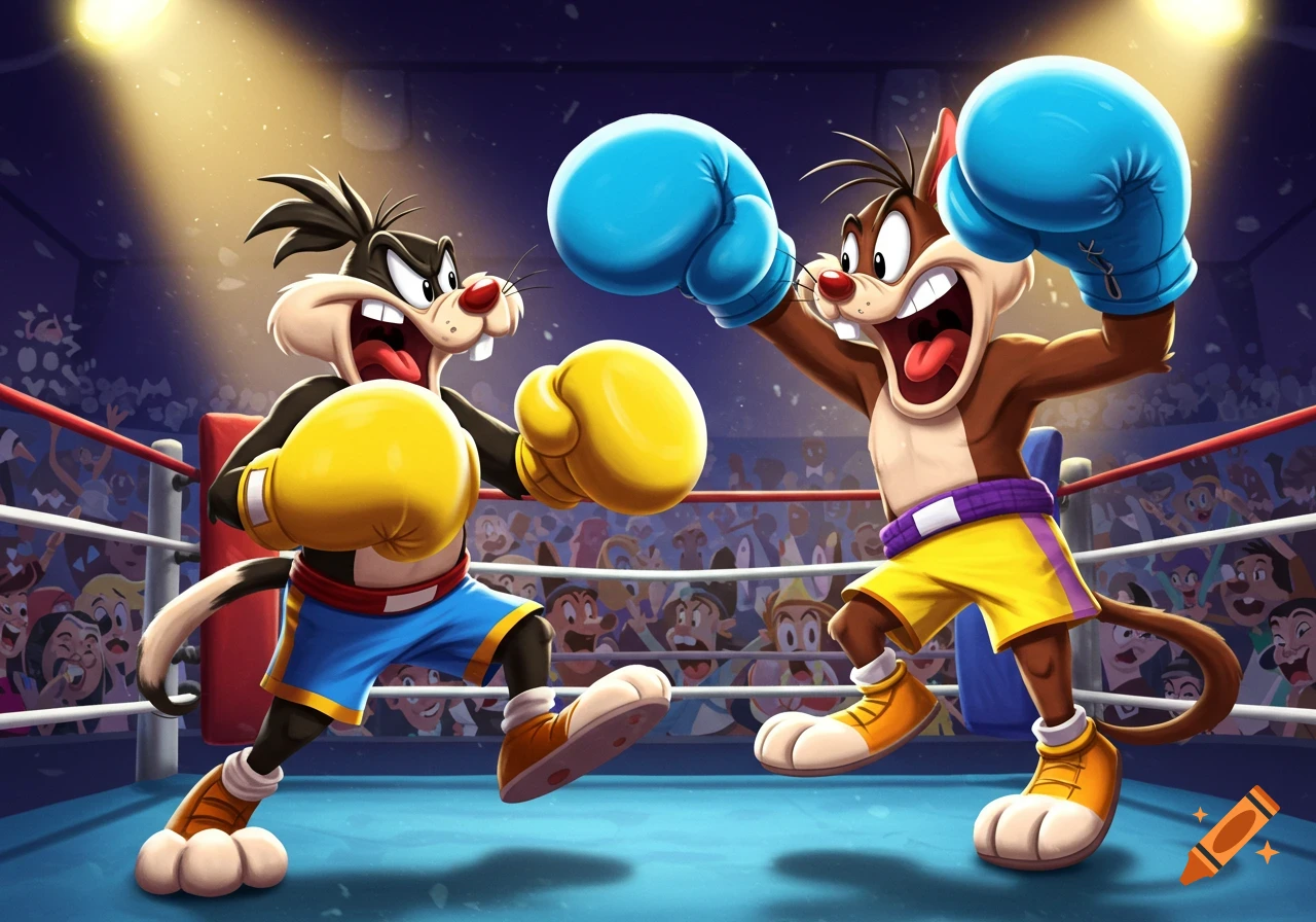 Cartoon characters boxing in a ring before a cheering crowd on Craiyon