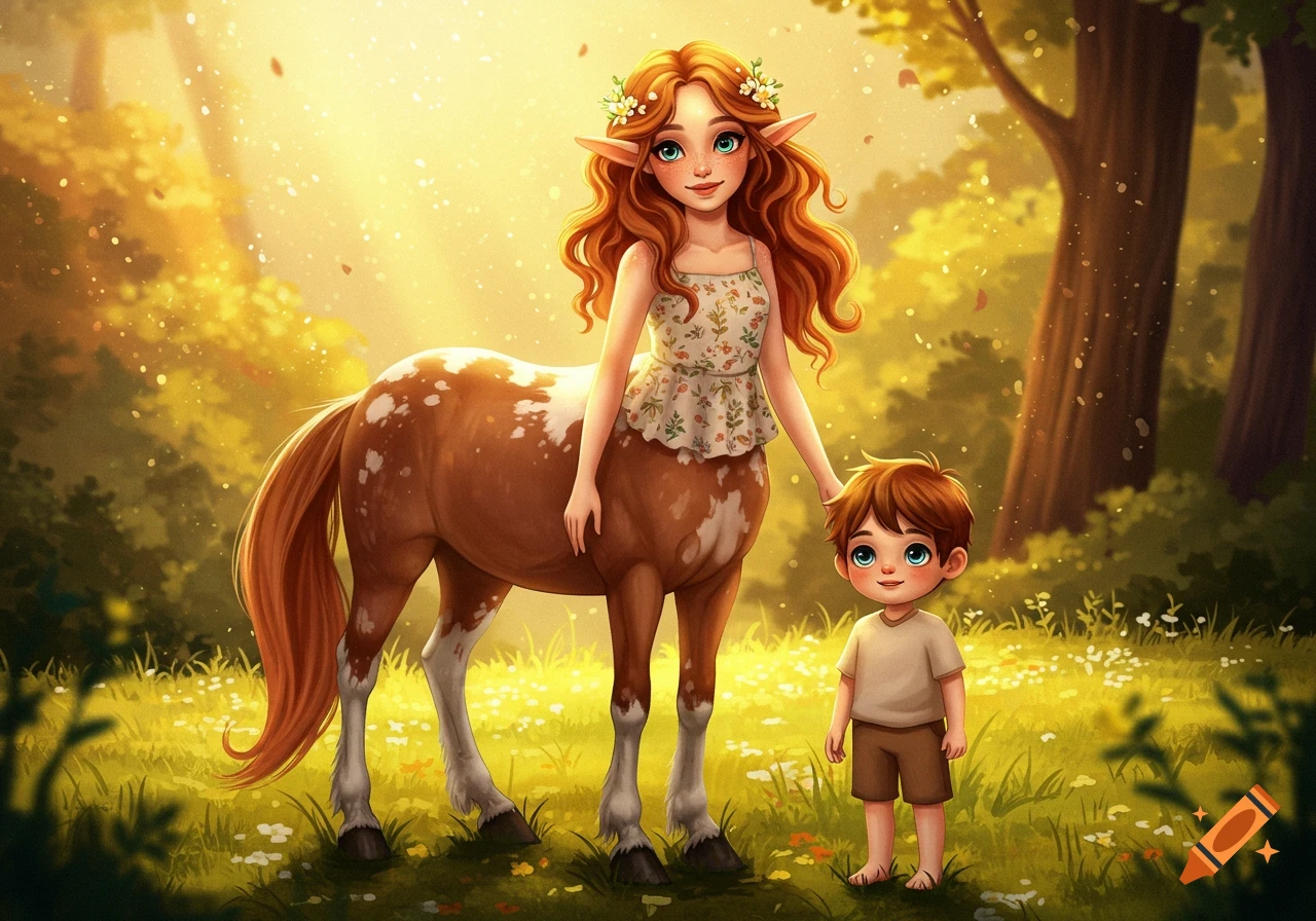 Illustration of a centaur girl with a boy in a sunlit fantasy forest ...