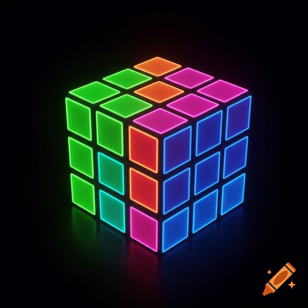 Neon glowing Rubik's cube on a black background on Craiyon