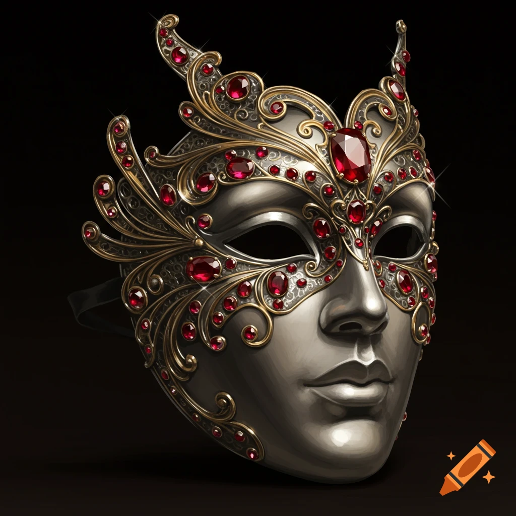 Ornate platinum mask with ruby gemstones on a black background. on Craiyon