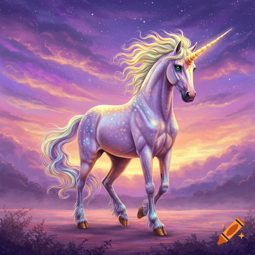 A majestic unicorn stands in a fantasy landscape under a starry, colorful sky. on Craiyon