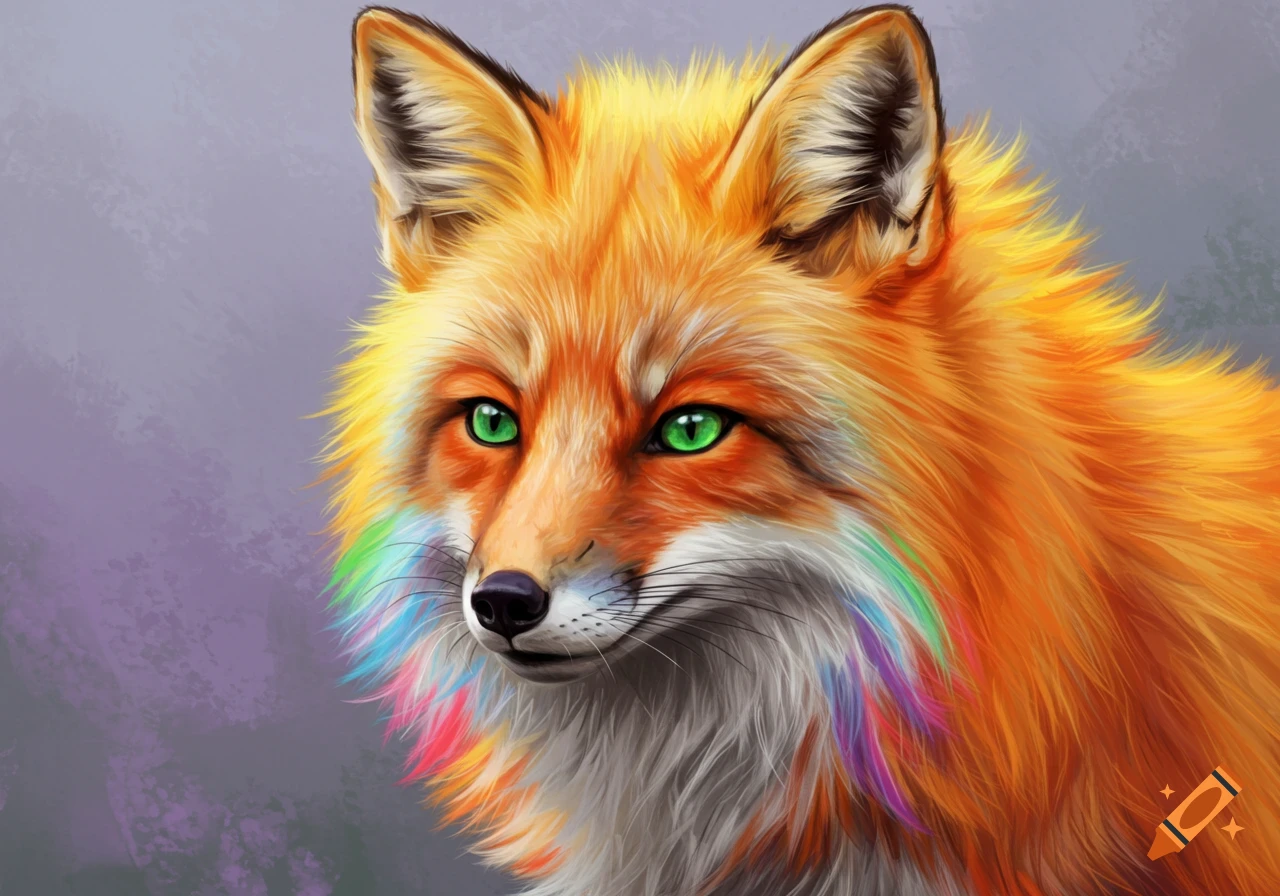 Digital painting of an orange fox with rainbow fur accents and green ...