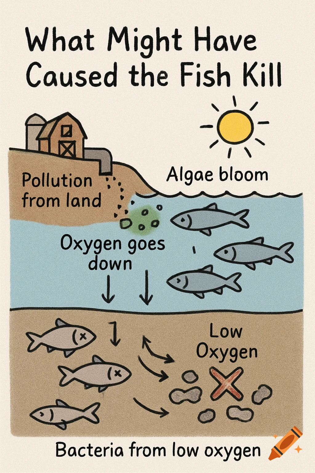 Diagram showing how pollution causes algae bloom, leading to low oxygen ...